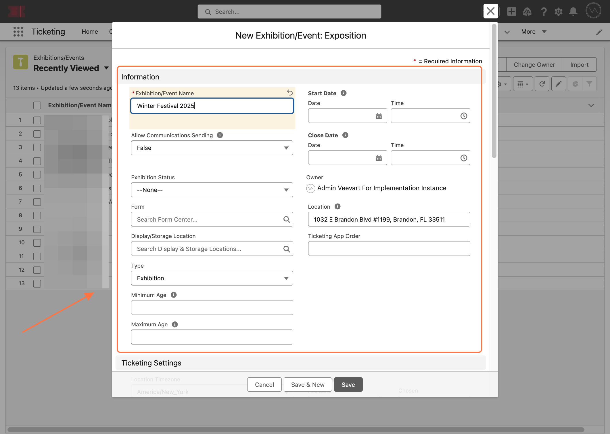 Creating an Exhibition/Event in Ticketing